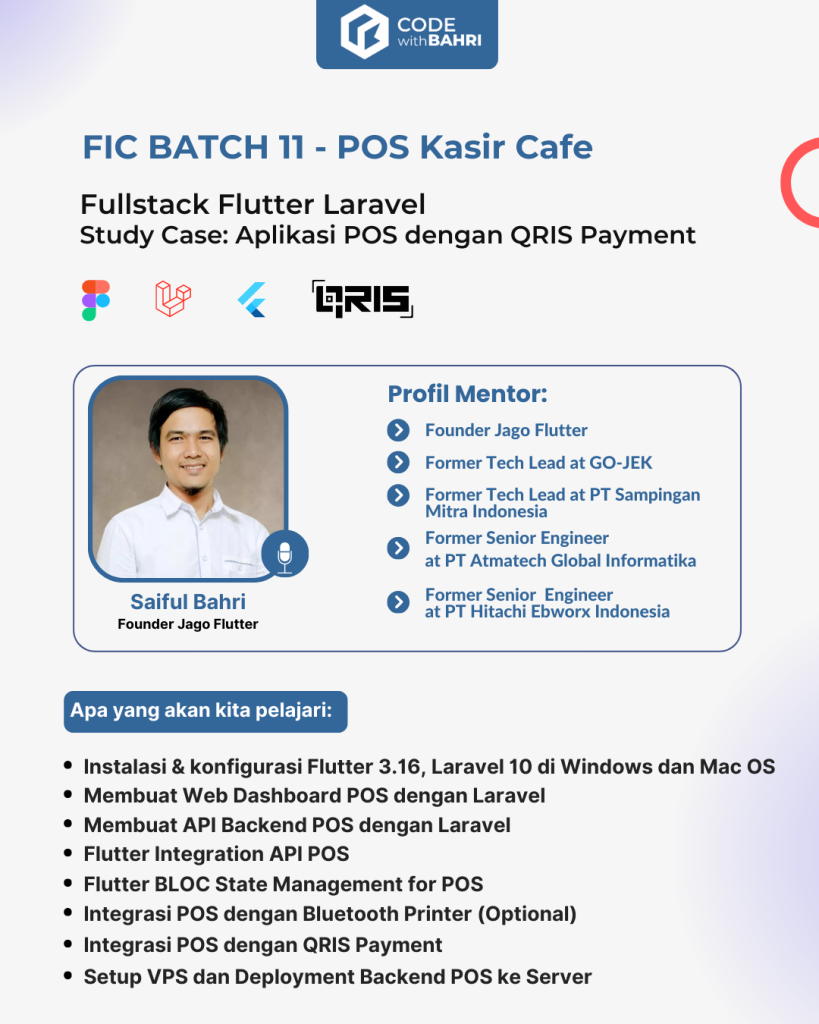 PROMO 400K FIC Batch 11 Fullstack Flutter Laravel – POS Cafe System, Printer Bluetooth & QRIS ...